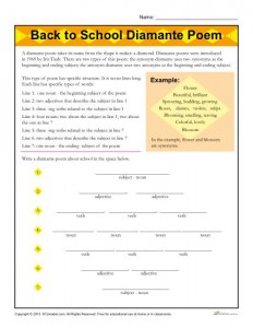 Back to School Diamante Poem Worksheet - Elementary School