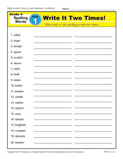Fourth Grade Spelling Words List Week 1 K12reader