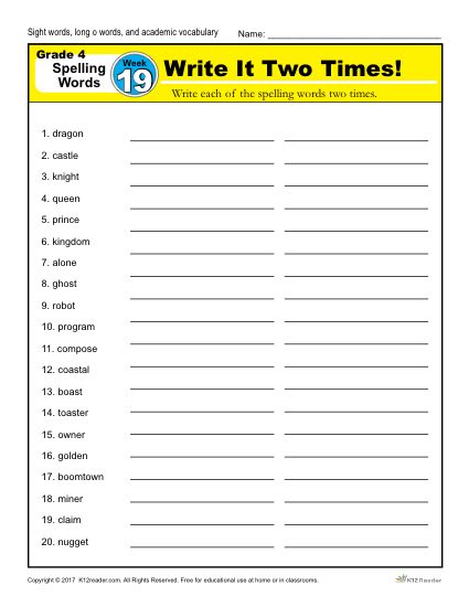 Fourth Grade Spelling Words List Week 19 K12reader