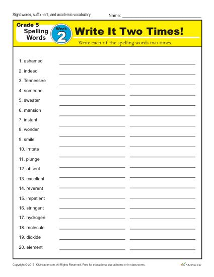 Fifth Grade Spelling Words List Week 2 K12Reader Fifth Grade Spelling Words List Week 2 K12Reader