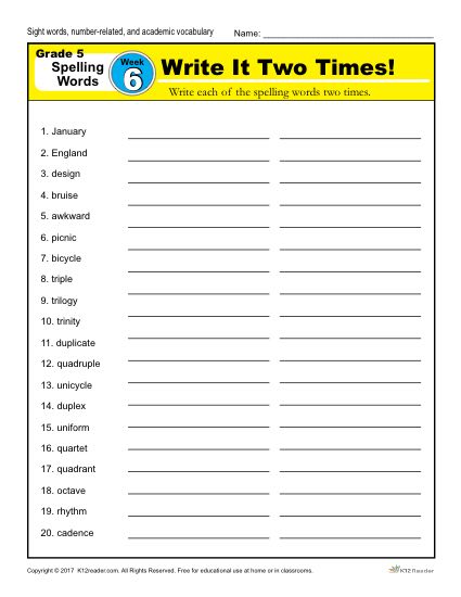 Fifth Grade Spelling Words List Week 6 K12Reader