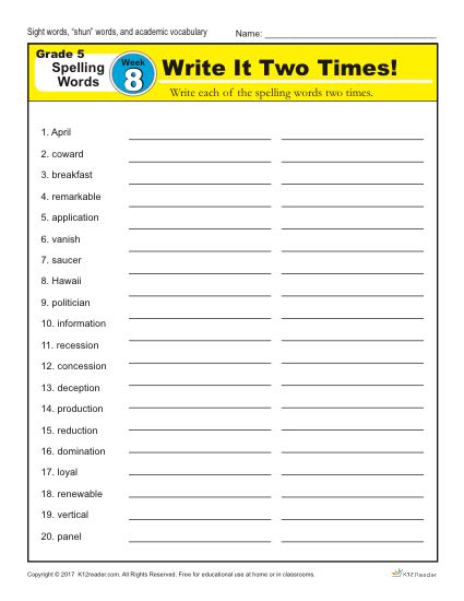 Fifth Grade Spelling Words List Week 8 K12Reader Fifth Grade Spelling Words List Week 8 K12Reader