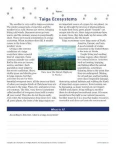Sixth Grade Reading Comprehension Worksheet | Taiga Ecosystems