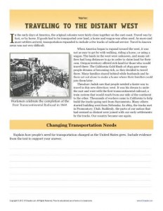 Sixth Grade Reading Comprehension Worksheet | Traveling to the Distant West