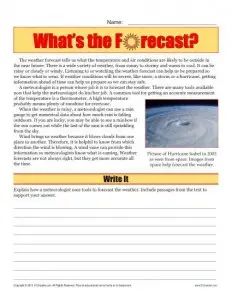 Sixth Grade Reading Comprehension Worksheet | What's the Forecast?