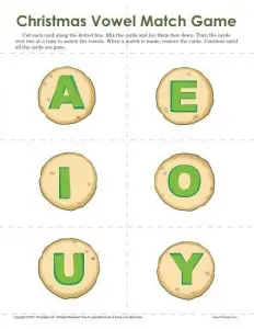 Christmas Vowel Match Game Worksheets for Kindergarten