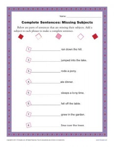 Complete Sentences: Missing Subjects | Sentence Structure Worksheets