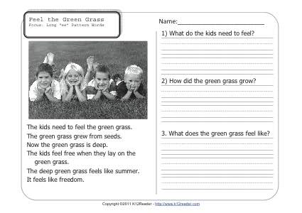 Feel the Green Grass | 1st Grade Reading Comprehension Worksheet Wk 36