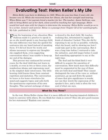 Evaluating Text My Life 8th Grade Reading Comprehension Worksheets