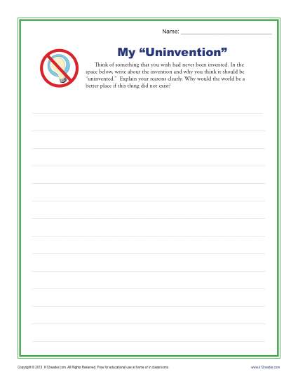 My Uninvention Middle School Writing Prompt Worksheet