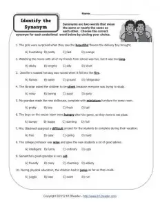 Identify the Synonym | 4th Grade Worksheets