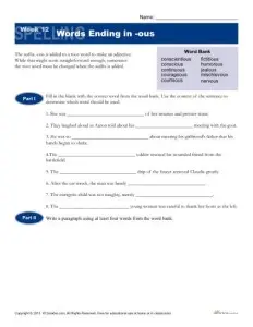 High School Spelling Words List 12 - Words Ending in -ous