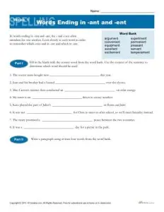 High School Spelling Words List 1 - Ending in -ant and -ent