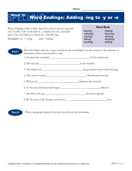 High School Spelling List 20 Word Endings Adding ing To y Or e High School Spelling List 20 Word Endings Adding ing To y Or e