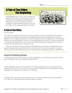 A Tale of Two Cities Reading Comprehension Worksheet