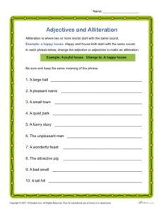 Adjectives and Alliteration | Printable Parts of Speech Activity