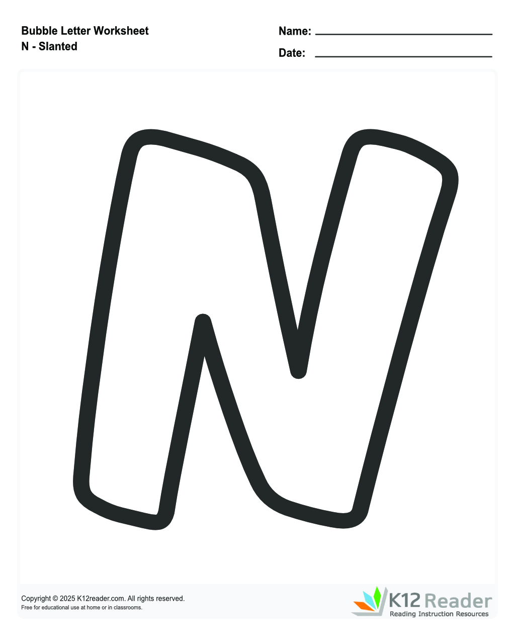 Bubble Letters Slanted N - Reading Worksheets, Spelling, Grammar ...