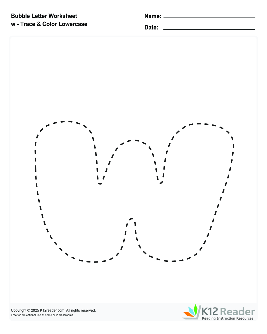 Bubble Letters Trace and Color Lowercase w - Reading Worksheets ...