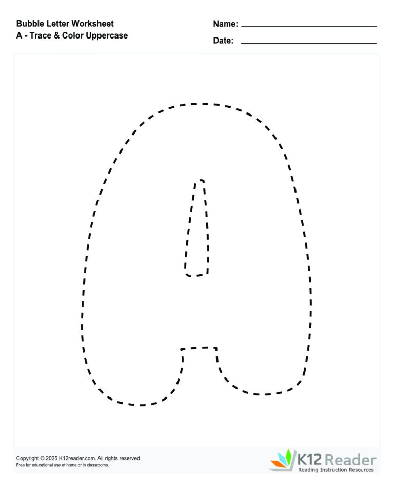 Bubble Letters Trace and Color Uppercase A - Reading Worksheets ...