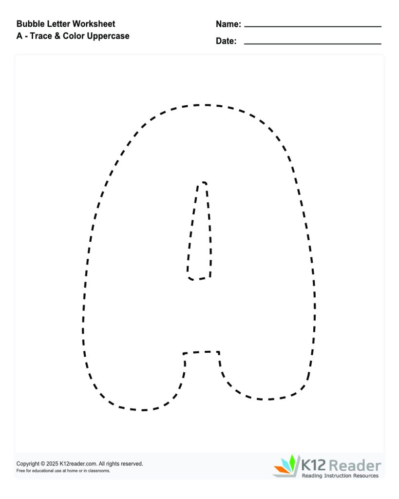 Bubble Letters Trace and Color Uppercase A - Reading Worksheets ...