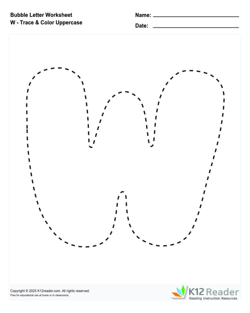 Bubble Letters Trace and Color Uppercase W - Reading Worksheets ...
