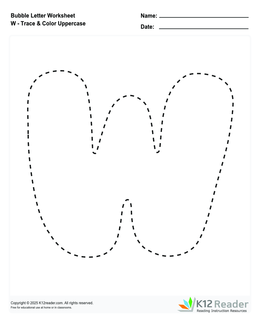 Bubble Letters Trace and Color Uppercase W - Reading Worksheets ...