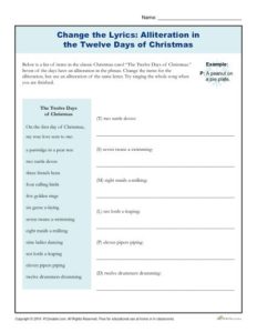 The Twelve Days of Christmas | Printable 6th-8th Grade Alliteration ...