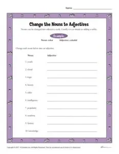 Change the Nouns to Adjectives | Printable 3rd-4th Grade Nouns Activity