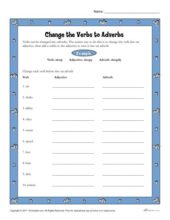 Change the Verbs to Adverbs | Printable 3rd-4th Grade Grammar Activity