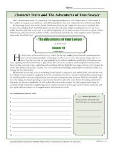 Character Traits Worksheets | The Adventures of Tom Sawyer