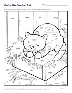Color the Cat | Printable K-2nd Grade Verbs Activity