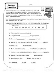 Preposition Worksheet - Common Prepositions