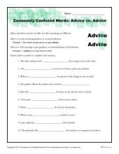 Advice vs. Advise Worksheet | Commonly Confused Words