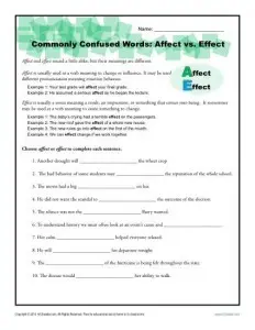 Affect vs. Effect Worksheet | Commonly Confused Words