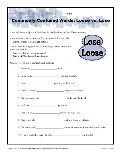 Loose Vs Lose Worksheet Easily Confused Words Loose Vs Lose Worksheet Easily Confused Words