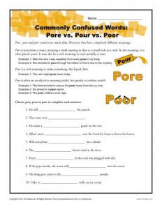 Pore vs. Pour vs Poor Worksheet | Easily Confused Words