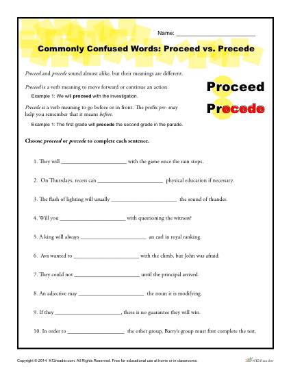 Proceed vs. Precede Worksheet | Commonly Confused Words Proceed vs. Precede Worksheet | Commonly Confused Words