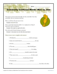 Won vs. One Worksheet | Easily Confused Words