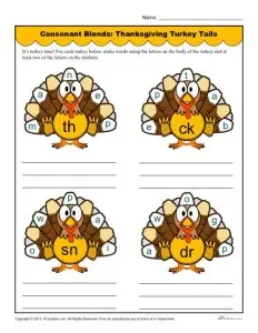 Thanksgiving Turkey Tails Activity Worksheet | Consonant Blends