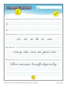 Cursive E - Letter E Worksheets for Handwriting Practice