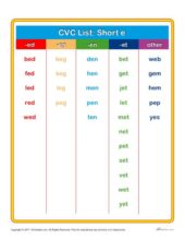 Printable CVC Word list | Short E