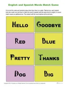 English and Spanish Words Activity | Match Game