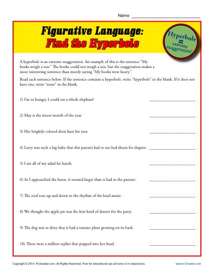 Figurative Language Find The Hyperbole Printable Worksheets Figurative Language Find The Hyperbole Printable Worksheets