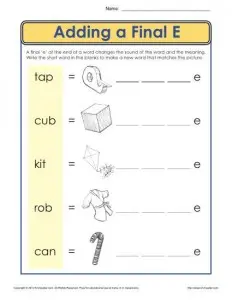 Ending Letter E Worksheet | Phonics Worksheets