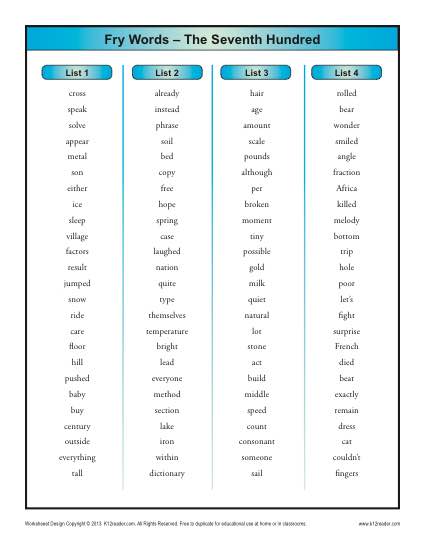 Fry Word List Seventh 100 Printable Sight Word Lists