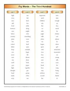 Fry Word List - 1,000 High Frequency Words