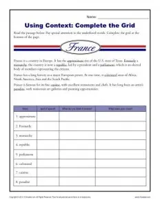 Complete the Grid | Context Clues Worksheets for 5th Grade