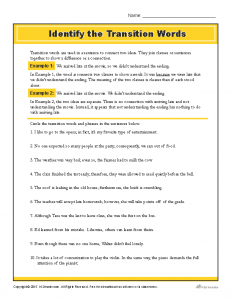 Identify the Transition Words Printable Writing Worksheet