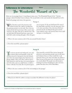 Inference in Literature: The Wizard of Oz | Middle School Worksheets