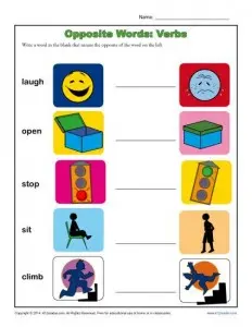 Kindergarten Antonym Worksheet - Opposite Words: Verbs